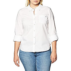 Tommy Hilfiger Women's Button Down Long Sleeve Collared Shirt with Chest Pocket, Bright White, Large