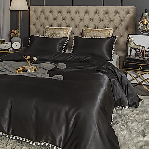 IHOUSTRIY Kids' Duvet Cover Twin Size, Satin 2pcs Bedding Duvet Cover Set, Pom Poms Fringe Solid Color Luxury Silky Like Soft, Zipper Closure & Corner Ties (Twin, Black)