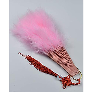 HAPPY FEATHER Handheld Marabou Feather Fan, 1920s Vintage Style Flapper Hand Fan for Costume Party and Dancing-Light Pink