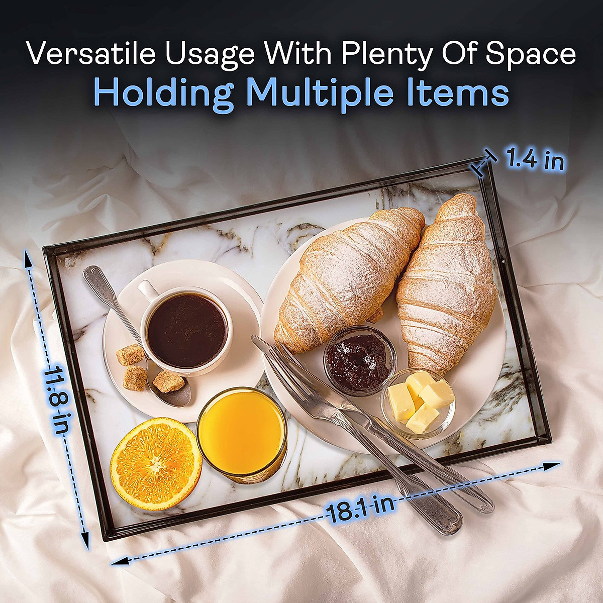 Bowmani Large Ottoman Tray Set - Faux Marble Coffee Table Tray with Black Accents, 18 x 12 Inches