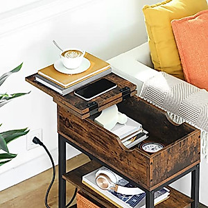 ALLOSWELL Side Table with Charging Station, Narrow Flip Top End Table with USB Ports and Outlets, Nightstand with Storage, Sofa Table for Living Room, Bedroom, Easy Assembly, Rustic Brown ETHR5601