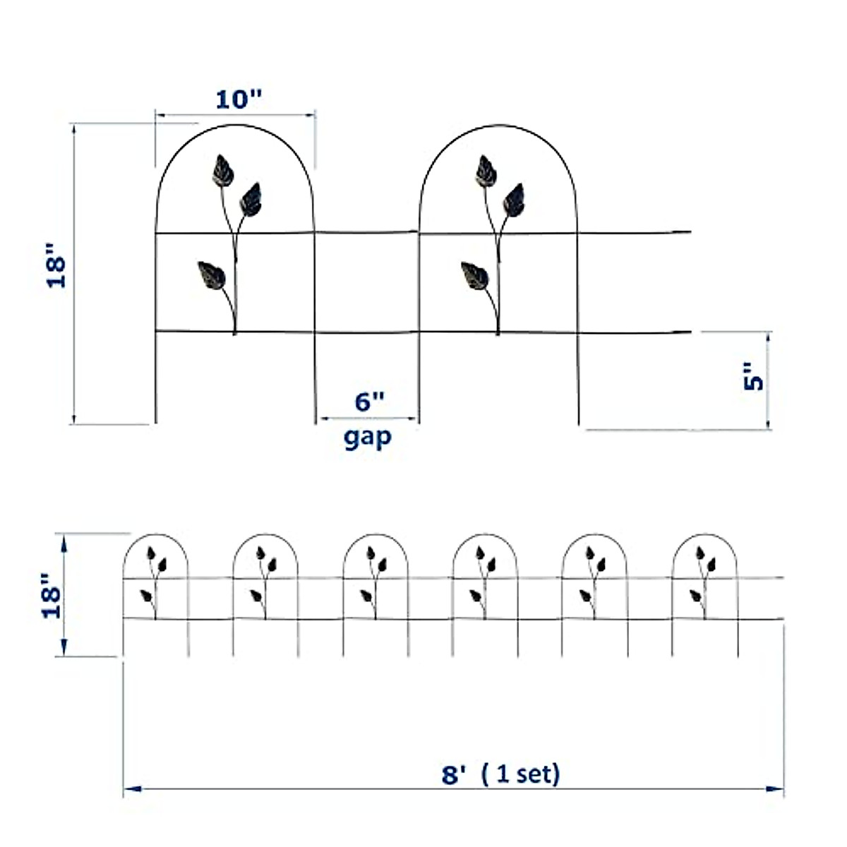 MTB Black Decorative Garden Border Fence 18 Inch x 16 Feet with Leaves Folding Wire Fencing Border Garden Fence Animal Barrier