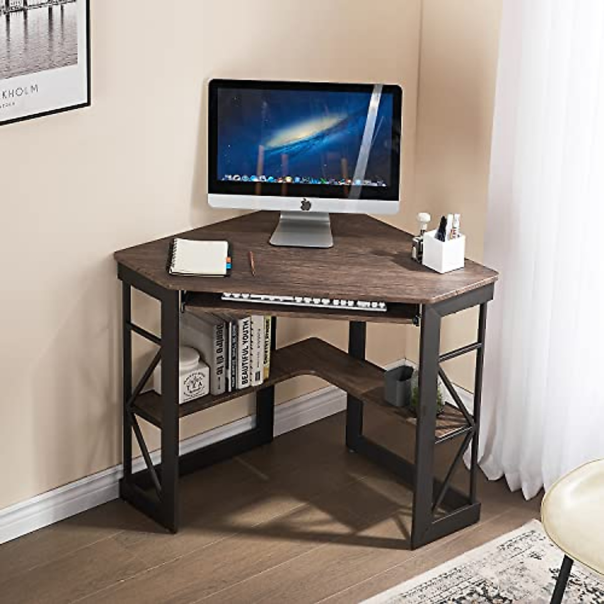 VECELO Corner Computer Desk Writing Smooth Keyboard Tray & Storage Shelves,Compact Home Office Triangle Table, Rustic Natural Brown