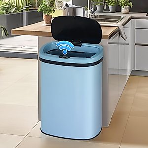 Dkeli Kitchen Trash Can for Bathroom Bedroom Home Office Automatic Touch Free High-Capacity Garbage Can with Lid Brushed Stainless Steel Waste Bin 13 Gallon / 50L - Blue