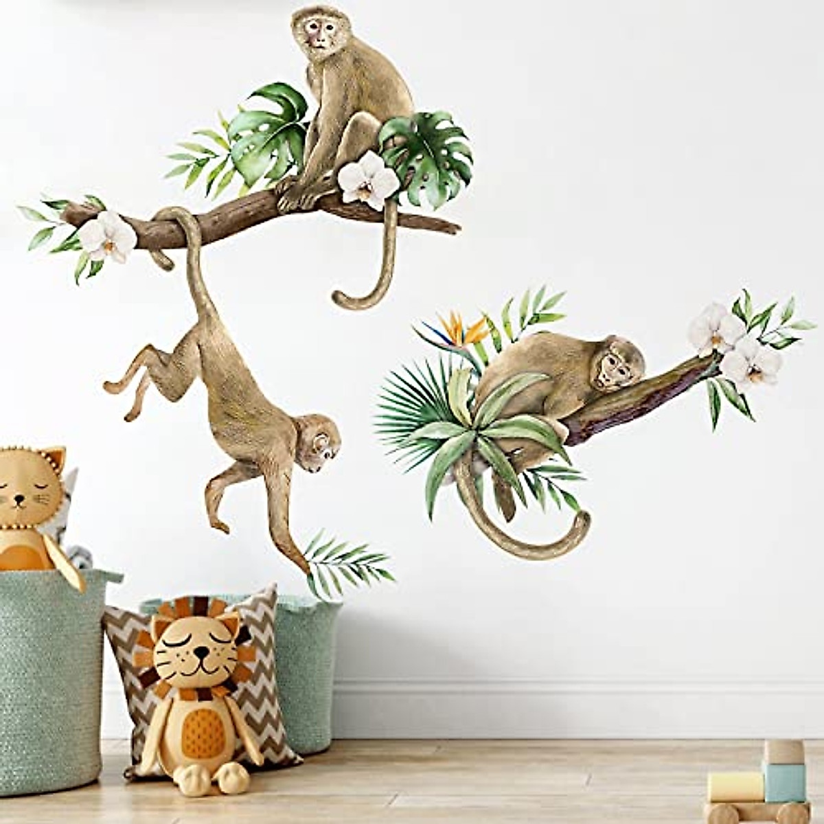 Mfault Monkey Climbing Tree Wall Decals Stickers, Jungle Animals Nursery Decorations Baby Boys Girls Bedroom Art, Kids Toddlers Room Playroom Classroom Daycare Decor