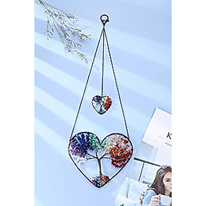 JOVIVI Double Heart Tree of Life Hanging Ornament 7 Chakra Reiki Healing Crystals Stones Gemstone Meditation Window Wall Hanger for Feng Shui Yoga Home Indoor Decor