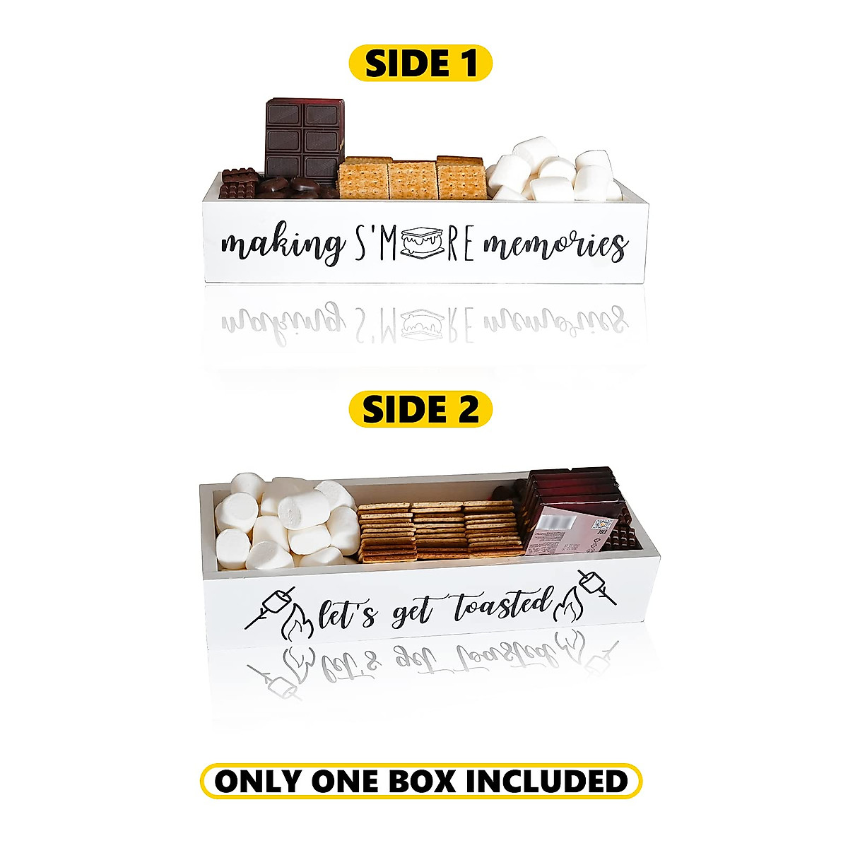S'Mores Station Box, Farmhouse S’more Bar holder with Cutout Handle, Wooden Smores Caddy, Smores Accessories Organizer, Smores Supplies Container, Smores Serving Tray (White)