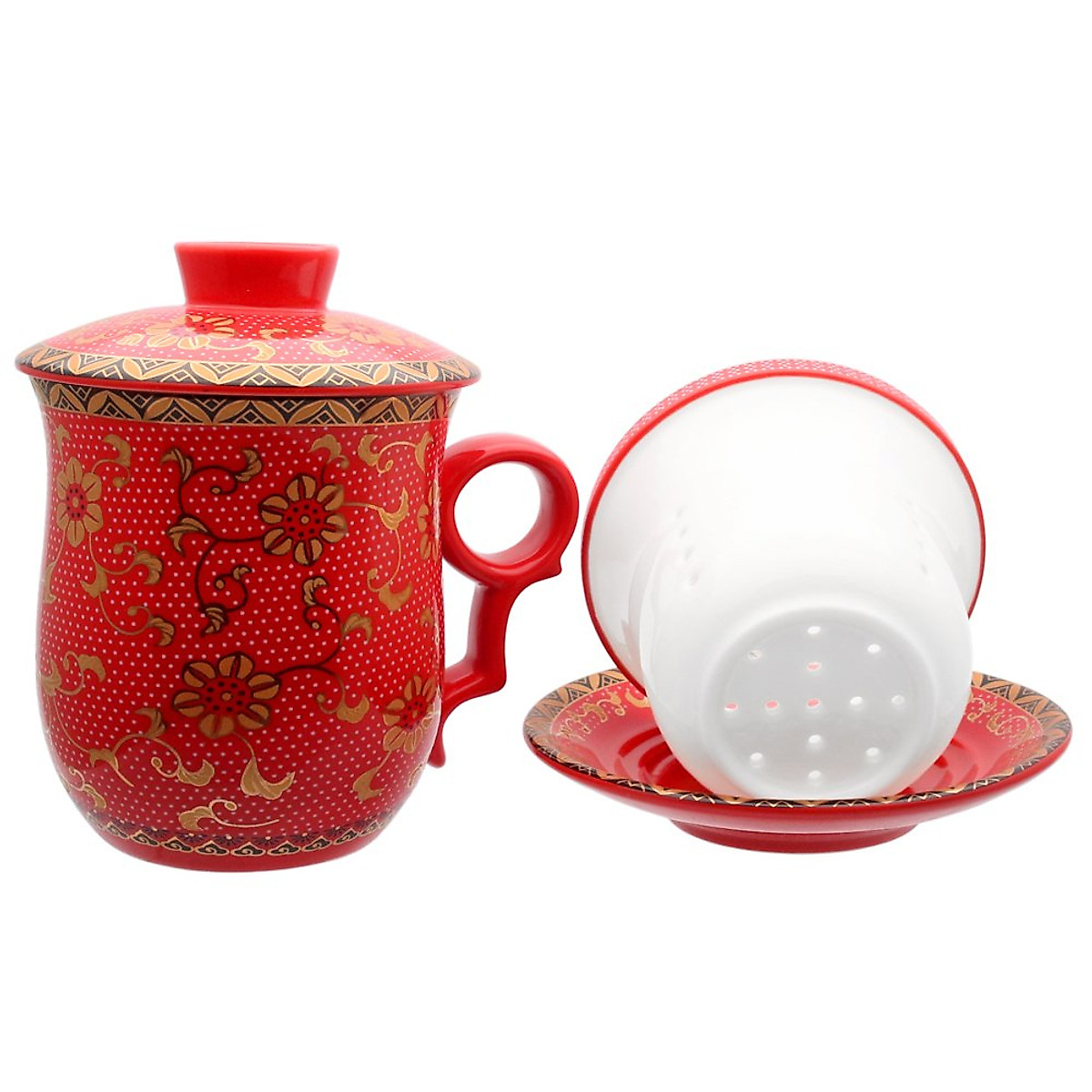Ameolela Porcelain Tea Cup with Infuser Lid and Saucer Sets - Chinese Jingdezhen Ceramics Coffee Mug Teacup Loose Leaf Tea Brewing System for Home Office