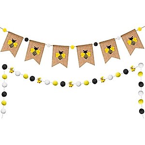 VERSRH 2pcs Bee Felt Garlands Vintage Rustic Burlap Hanging Bunting Banner, Bees Pom Pom Happy Bee’s Day Party Supplies, Bee-Shaped Bee Festival Decor for Baby Shower Birthday Party