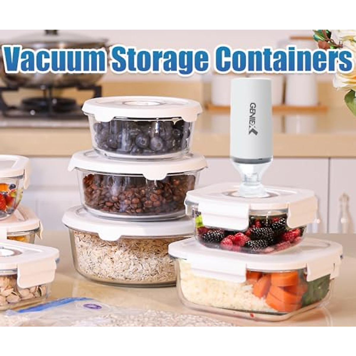 GENIEX Glass Vacuum Food Storage Containers Set - 3pc Square Vacuum Seal Containers for Meal Prep, Fruit Preservation, and Marinades - Easy Clean Food Saver for Vacuum Seal (Sealer Sold Separately)