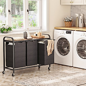 ALOFA Laundry-Hamper Basket with Shelf, Laundry Room Organization 3x46L Pull Out and Removable Bags with Letter Stickers, Metal Frame Made Laundry Sorter Classified Storage Black