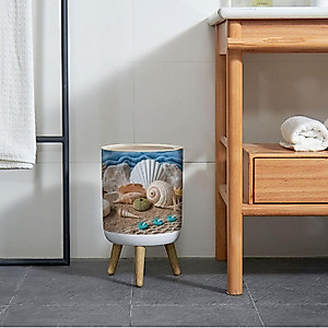 Small Trash Can with Lid for Bathroom Kitchen Office Diaper decoration Seashells shell a sea urchin a beach sand are decorated Bedroom Garbage Trash Bin Dog Proof Waste Basket Cute Decorative