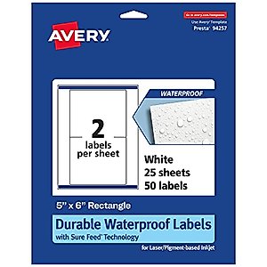 Avery Durable Waterproof Rectangle Labels with Sure Feed, 5" x 6", 50 Oil and Tear-Resistant Waterproof Labels, Laser/Pigment-Based Inkjet Printable Labels