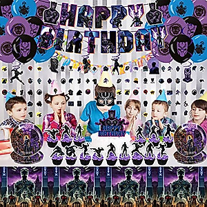 Black Party Supplies for Boys, Movies Theme Party Decorations Include Happy Birthday Banner, Hanging Swirls, Balloons, Cake Toppers, Cupcake Toppers, Sticker, Eye Mask, Tablecloth, Plate, Movies Themed Party Favor for Kids Fans