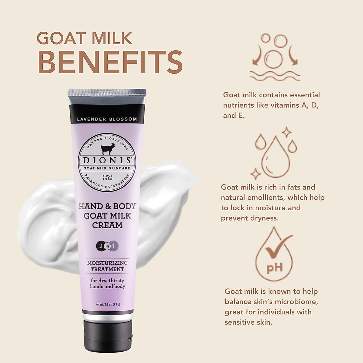 Dionis Goat Milk Skincare 3.3 oz Lavender Blossom Hand & Body Cream - Travel Size Hand Lotion For Hydrating & Moisturizing Dry Skin - Cruelty Free Cream Made In The USA - Paraben Free Formula