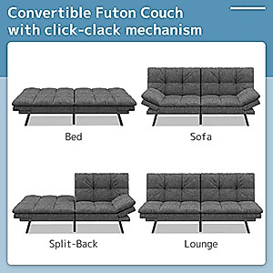 wOod-it Futon Sofa Bed, Memory Foam Foldable Couch Convertible Loveseat Sleeper Daybed with Adjustable Armrests for Small Space, Studio, Office, Apartment, Compact Living Room, Dark Gray