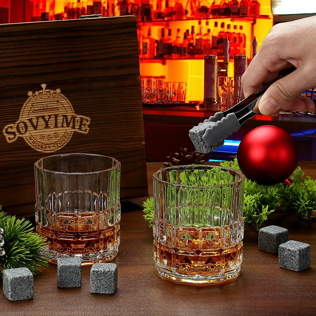 Sovyime Whiskey Stones Gifts for Men, Groomsmen Gifts, Granite Chilling Stones Bourbon Whiskey Glasses Set, Unique Birthday Gifts for Men Christmas Father's Day Valentine Retirement