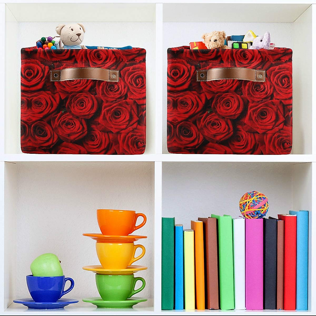 AUUXVA Red Rose Floral Storage Basket Collapsible Cloth Storage Cube Basket Bins Organizer with Handles Rectangular Large Toys Shelf Closet for Nursery Bedroom Home Office