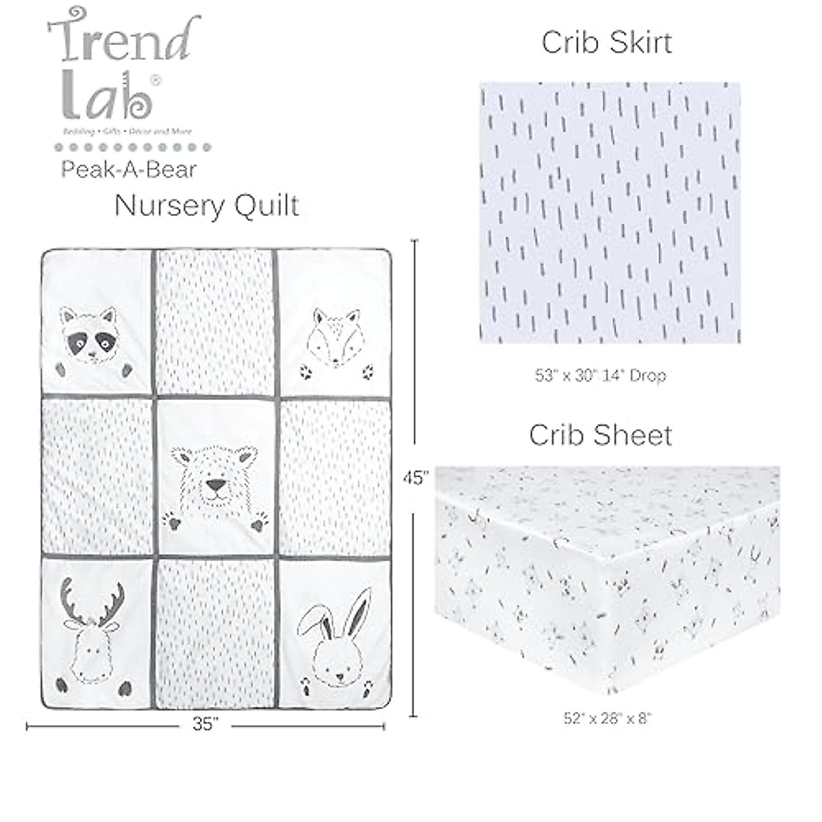 Trend Lab Peek-a-Boo Forest 3 Piece Crib Bedding Set, Gender-Neutral Color Palette, Includes Quilt, Fitted Crib Sheet and Skirt