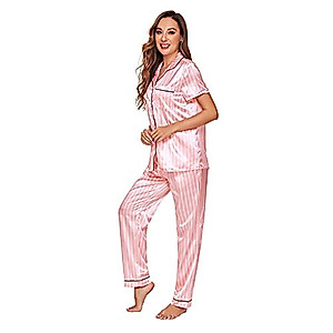 WDIRARA Women's Sleepwear Striped Satin Short Sleeve Shirt and Pants Pajama Set Pink S