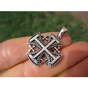 Himalayan Treasures 925 Sterling Silver Jerusalem Cross Fivefold Cross Crusaders Cross Emblem Medal Pendant Necklace A12