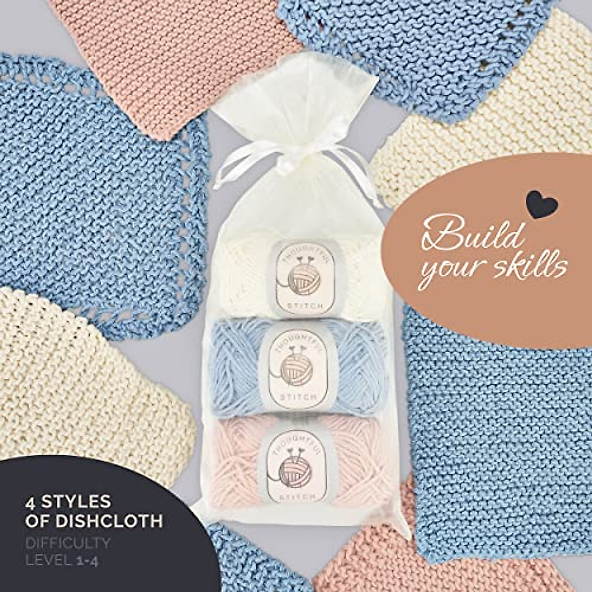 Knitting Kits for Beginners Adults – 6 Pcs Knitting Needle Set with 100% Cotton Yarn – Make Your Own Dishcloth Craft Kits for Adults – Includes Bamboo Knitting Needles and Yarn Needle – Fantastic Gift