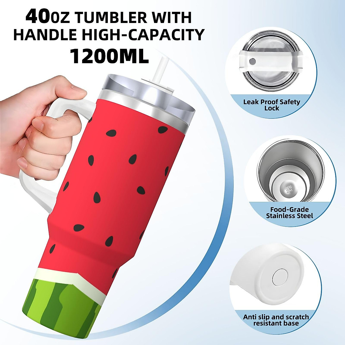 deaokluy 40 OZ Watermelon Ice Bully Cup with Handle and Straw, Double Wall Stainless Steel Tumbler Travel Coffee Cup with Lid, Summer Insulation and Cooling Cup for Christmas Birthday Present
