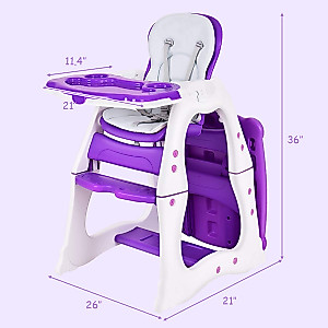 HONEY JOY 5 in 1 High Chair, Convertible Highchair for Babies and Toddlers/Table Chair Set/Booster Seat/Toddler Chair w/Safety Harness, Reclining Backrest, Double Food Tray (Purple)