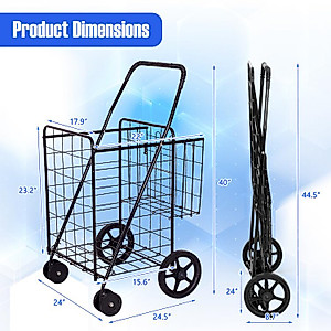 Safeplus Folding Shopping Cart, Utility Cart with Rolling Swivel Wheels&Double Basket, Grocery cart for Grocery, Laundry,Book,Luggage, Travel (Light Weight 24" x 24" x 40", Black)