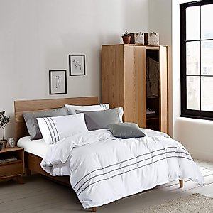 MengBoo Karen 3 Pieces White Duvet Cover Set Without Filling Grey Stripe Trim 100% Egyptian Cotton 300 Thread Count Soft Sateen Hotel Collection Zipper Closure Corner Ties (White Grey, Queen)…