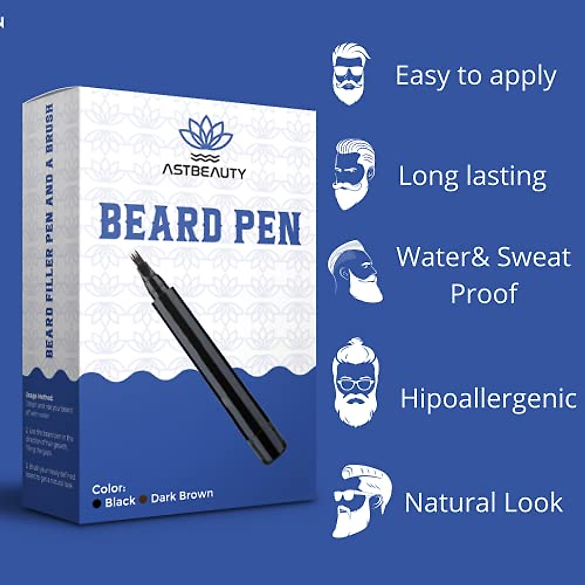Natural Beard Pencil Filler pen for Men Beard Moustache, Water Proof Long Lasting Coverage, Repair Shape, Effective Enhance Facial Hair (BLACK)