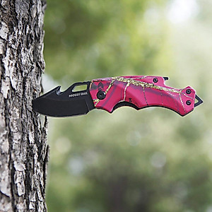 Mossy Oak Mini Folding Pocket Knife, Stainless Steel Drop Point Blade - EDC Multi-tool with Bottle Opener and Glass Breaker (Pink Camo)