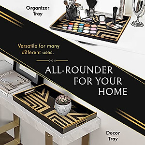 DIVERSITY TRADE Gold & Black Serving Tray w/ Handles – 17'' x 12'' Black Decorative Tray Large Ottoman TrayLiving Room Leak Proof Coffee Table Tray Glass Serving TrayOttoman Coffee Table (CX80225)