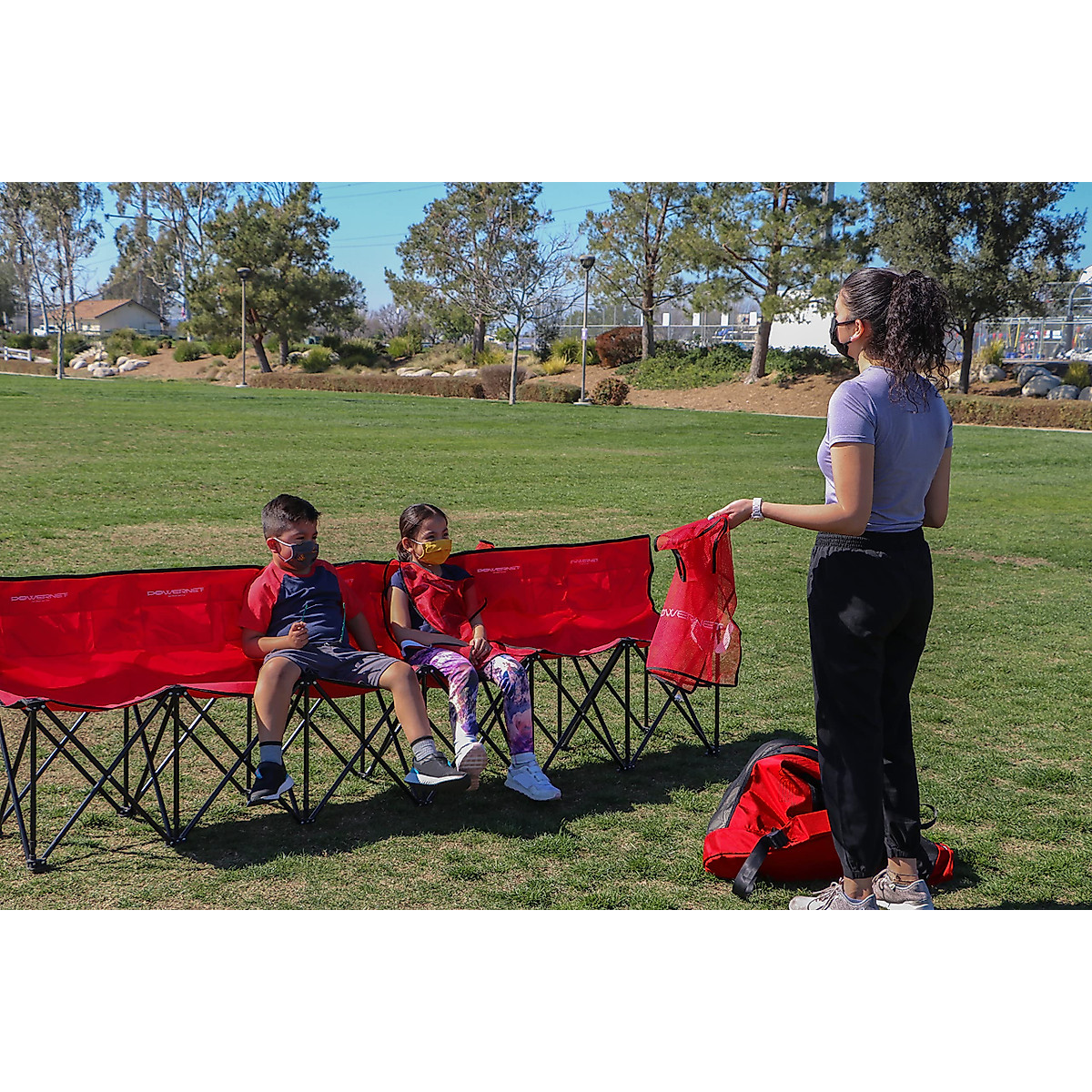 PowerNet Carli Lloyd 6 Seater Team Bench | Backpack Style Carry Bag Included | Ultra Portable | Great for Teams | Soccer Basketball Football