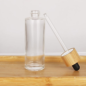 COSIDEA 6 PCS empty 60ml / 2 oz clear glass bottles with wood bamboo dropper lids for serum and essential oil, DIY cosmetics oils containers, travel perfume droppers bottle container