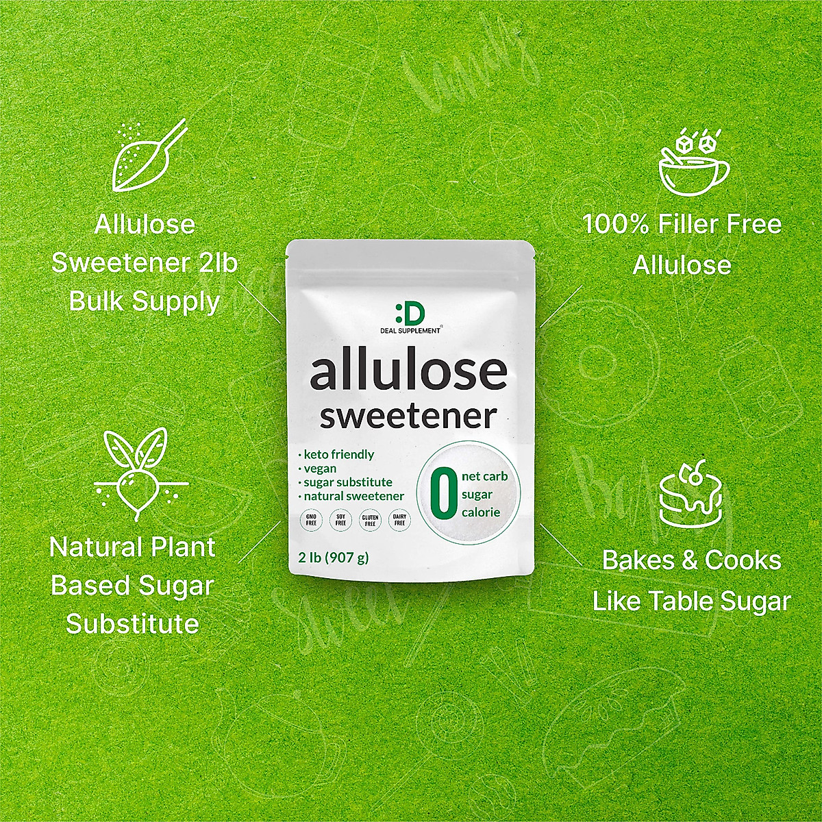 Allulose Sweetener 2 Pounds – Natural Sugar Subsitutes, No Aftertaste - Keto Friendly, Vegan, Zero Net Carb, Zero Calorie, Great for Cooking & Baking