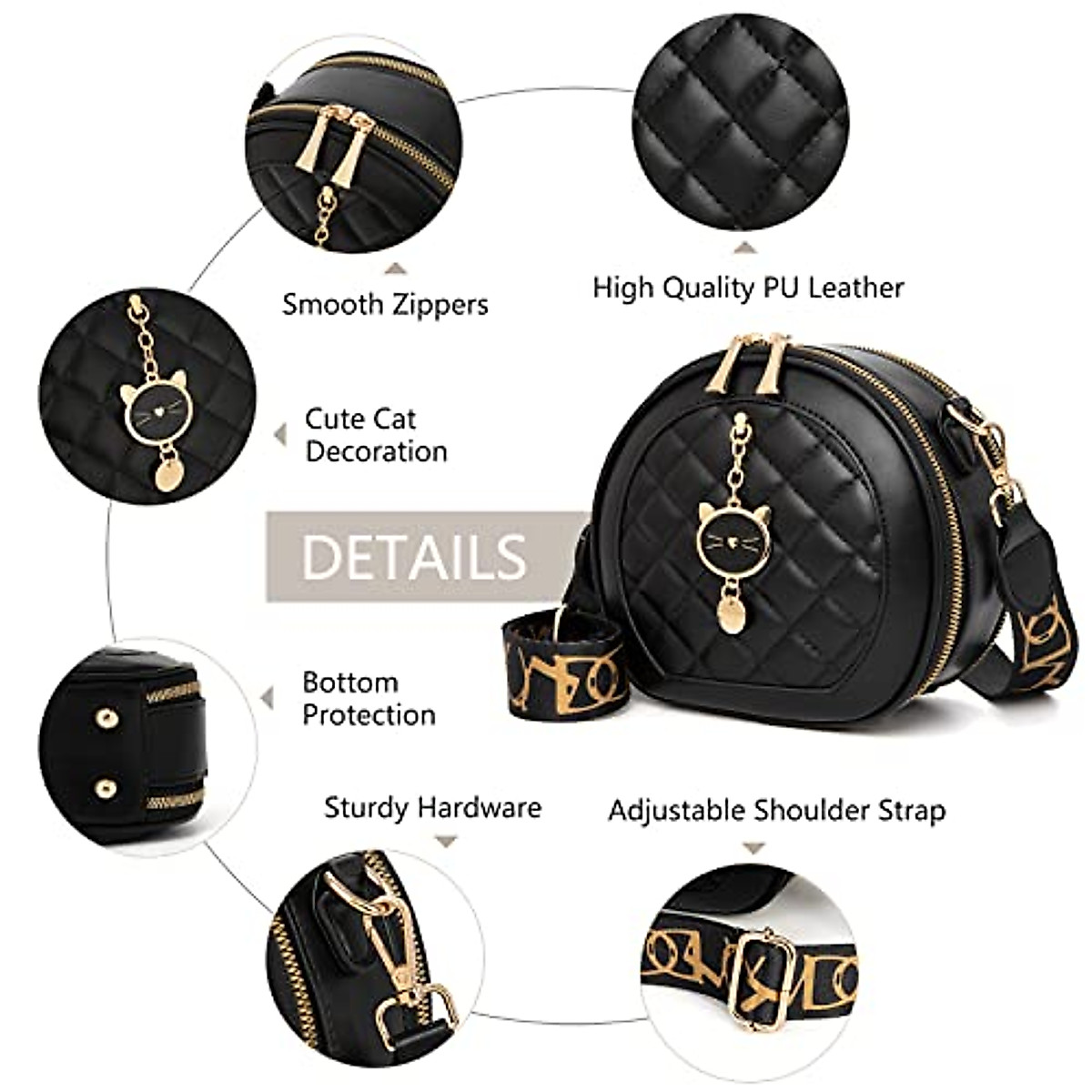 CHERUTY Crossbody Bags for Women, Cute Cross Body Bag Purses, Quilted Faux Leather Round Purse with Cat Pendant (Black)