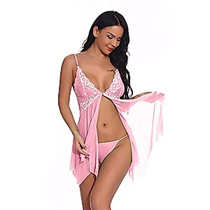 Aniywn Sexy Plus Size Lingerie Sets for Women Sexy Lace Lingerie Front Closure V Neck Mesh Nightwear Chemise Sleepwear Pink