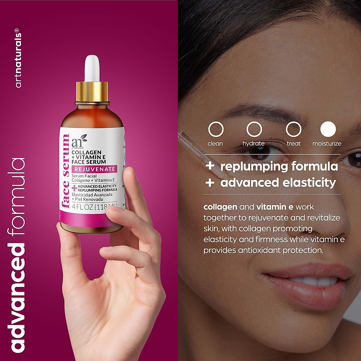 artnaturals Collagen Booster Serum for Face - Anti-Aging Reduces Wrinkles and Boosts Collagen - Heals and Repairs Skin - Improves Tone and Texture - Hyaluronic Acid & Vitamin E - 4 oz.