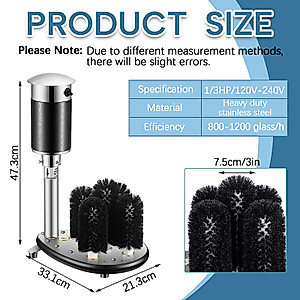 Duraaamo 5-Brush Electric Glass Washer 1200 Cups/H, Upright Five Brush Electric Glass Washer Wine Glass Cleaning Machine Bar Glass Washer for Wine Glass Beer Cup, Bar Kitchen Café 1/3HP 120-240V