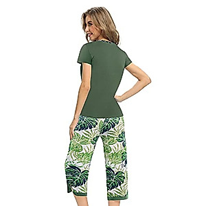 IZZY + TOBY Womens Capri Pajama Set Summer Pajamas for Women Short Sleeve Top with Capri Pants Sleepwear Cotton Pjs Sets Ladies Pajamas Sets Print Capri Pajama Sets Lounge Set Dark Green Leaf M