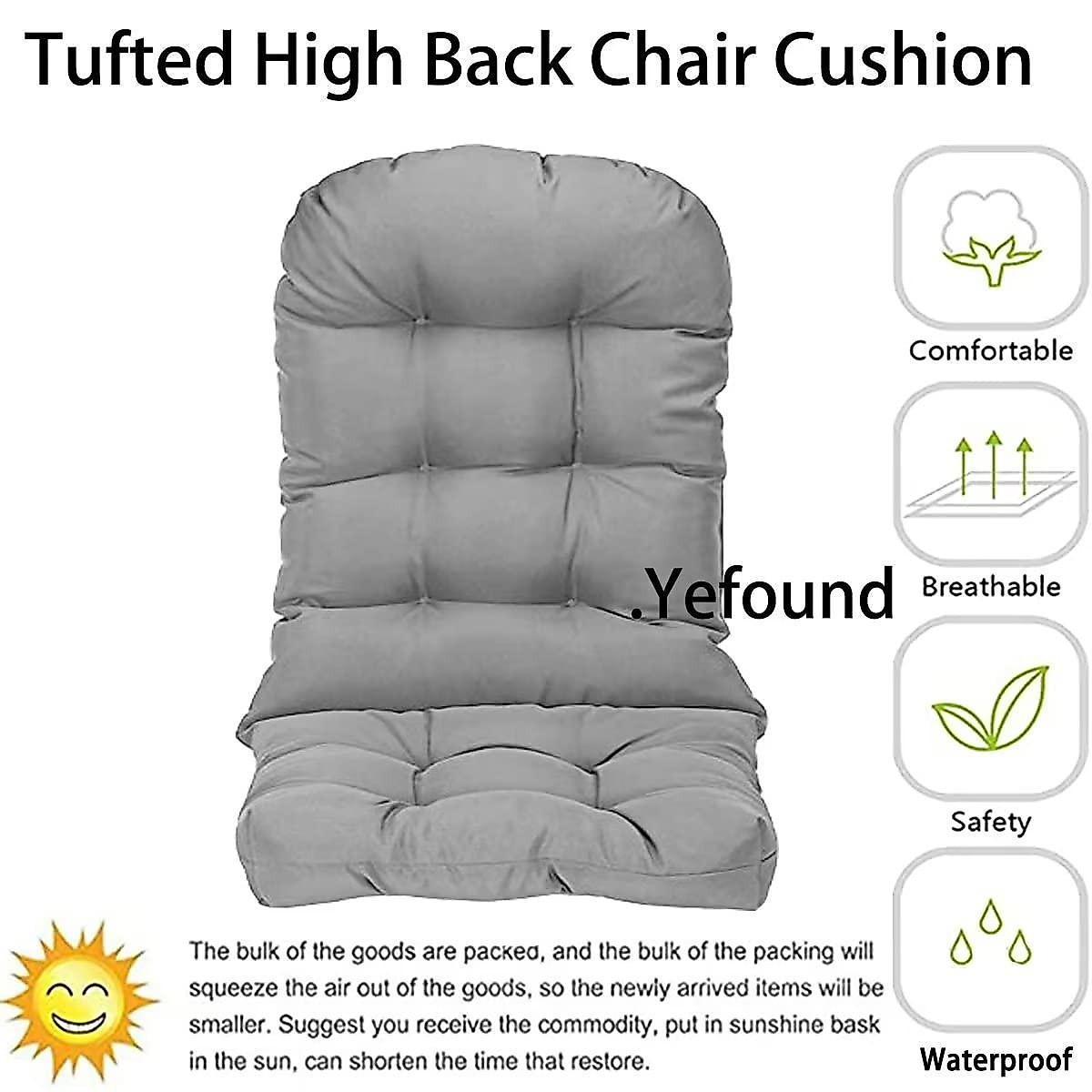 Yefound Patio Chair Cushion for Adirondack, Waterproof Tufted High Back Rocking Chair Cushion, Indoor and Outdoor Furniture Seat Chair Cushions Pads with Ties (Teal)