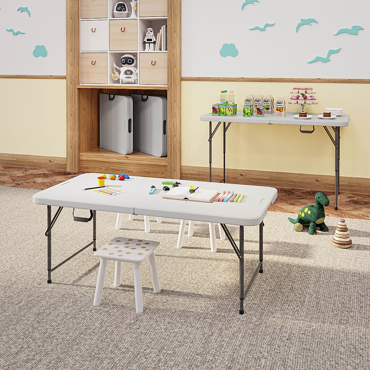 Techni Home Height Adjustable 4 FT Granite White Folding Table – Premium 4 Foot Folding Table Ideal for Camping, Picnic, Party or as Kids Table