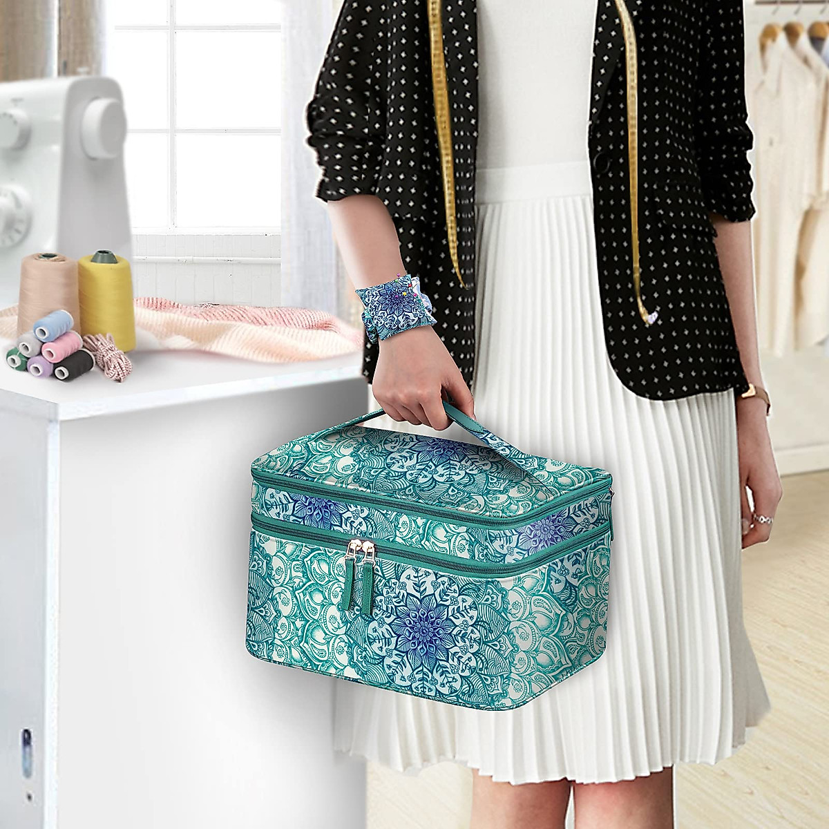 FINPAC Sewing Accessories Storage and Organizer Case, Double-Layer Sewing Kits Carrying Bag with Wrist Pin Cushion for Threads, Needles, Embroidery Floss Supplies, Felting Kits (Emerald Illusions)