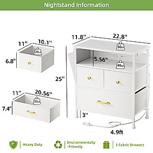 Widened Nightstand with Charging Station and LED Lights, Various Storage Modern Night Stand Bedside Table End Table with 3 Deep Drawers and Shelf, White Dresser for Bedroom (Glacier White)