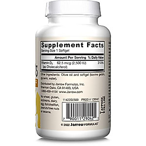 Jarrow Formulas Vitamin D3 62.5 mcg (2,500 IU) - 100 Servings (Softgels) - Bone Health, Immune Support & Calcium Metabolism Support - Vitamin D Supplement - D3 Vitamins - 2500 Vitamin D - Gluten Free