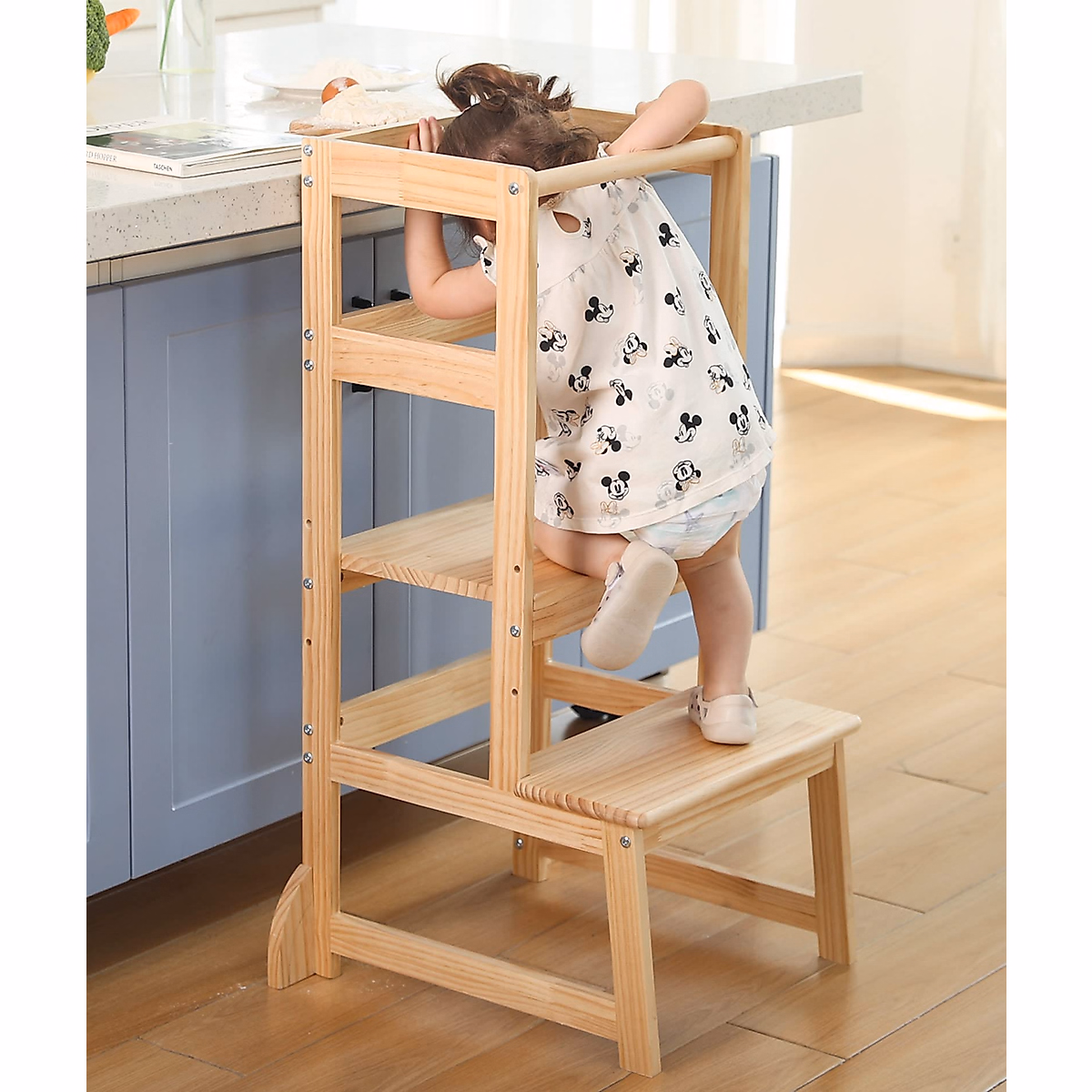 Kitchen Step Stool for Toddlers,Wiifo Adjustable Height Kids Learning Stool, Toddler Standing Tower(Natural)