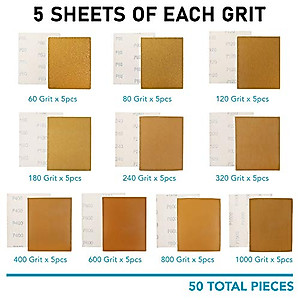 LotFancy 1/4 Sheet Sandpaper for Palm Sander, 50PCS 60 80 120 180 240 320 400 600 800 1000 Grit Sanding Sheets Assortment, Hook and Loop Sand Paper for Car and Wood, 5.5”x 4.5”