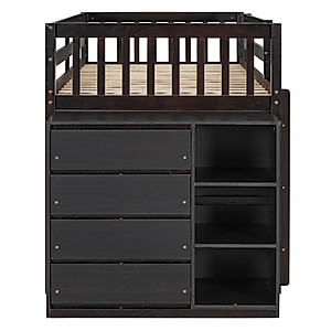 Harper & Bright Designs Twin Over Twin Low Bunk Bed with Storage,Floor Bunk Bed Frame with 4 Drawers and 3 Shelves, Solid Wood Loft Bed for Kids Girls Boys - Espresso