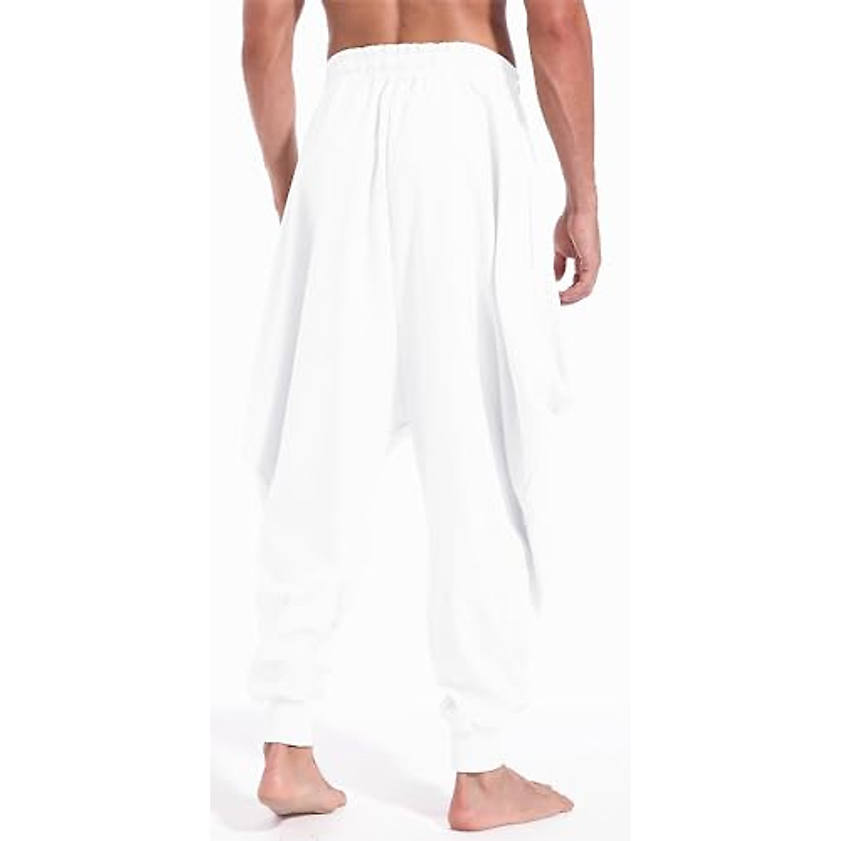 perdontoo Mens Baggy Harem Pants Elastic Waist Hippie Anime Pant Japanese Drop Crotch Trousers (32, White)